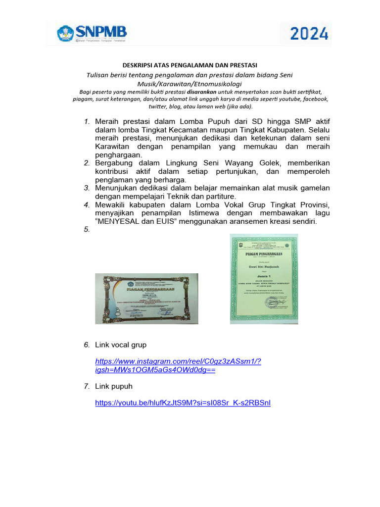 00 Template Deskripsi Pengalaman Dan Prestasi (Porto Muskaret 2024) | PDF