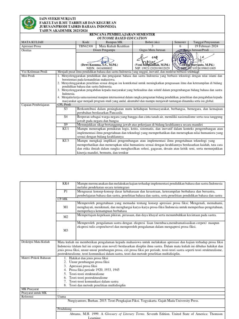 RPS - APRESIASI PROSA - OBE - Dewi Kusuma Fix | PDF