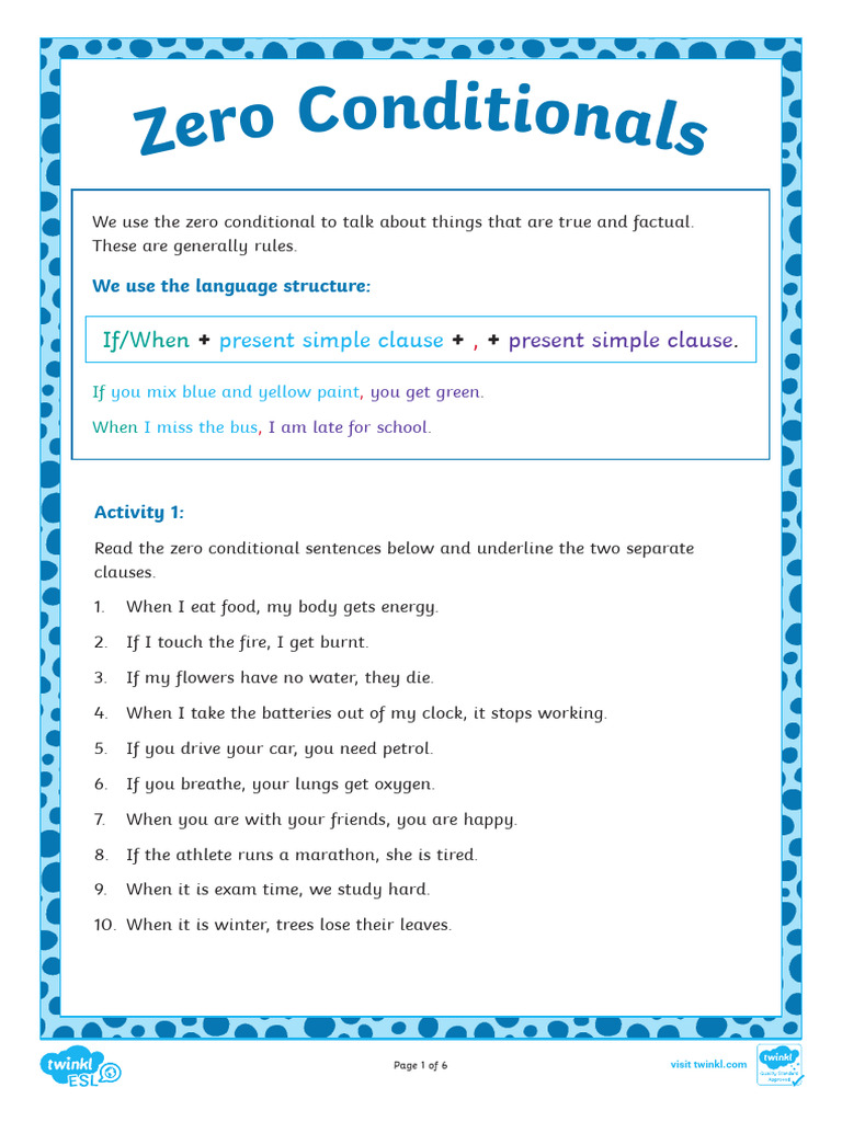 T 1701422262 Esl Zero Conditionals Worksheet Teens A2 - Ver - 1 | PDF ...