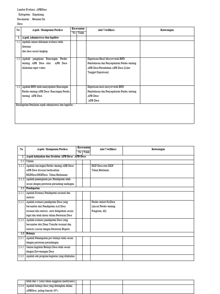 Lembar Evaluasi Perubahan APBDesa Lampiran Sore | PDF