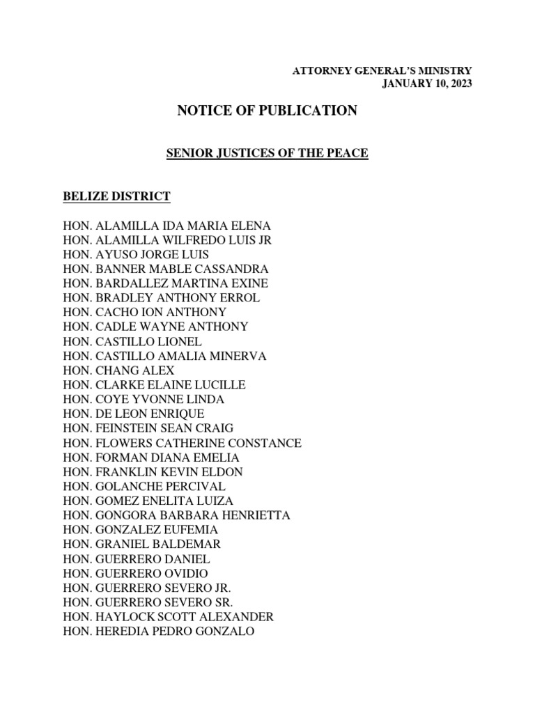 Belize Justices of the Peace List | PDF