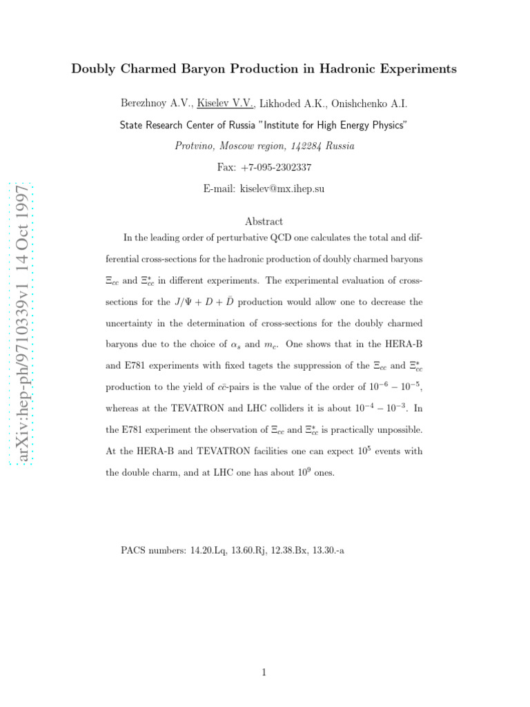 Doubly Charmed Baryon Production in Hadronic Experiments | PDF | Quark | Particle Physics