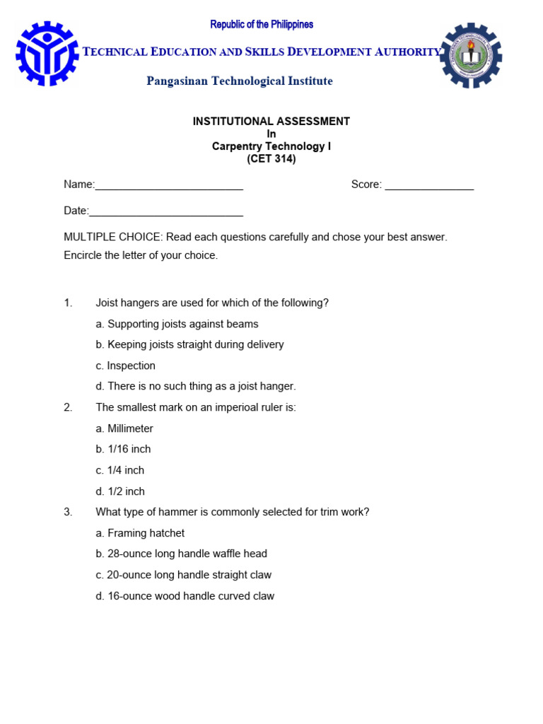 Carpentry Course Assessment Test | PDF | Lumber | Stairs