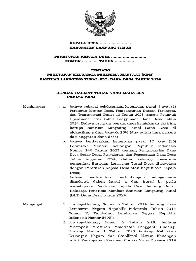 Contoh Perkades BLT DD Tahun 2024 | PDF Contoh Perkades BLT DD Tahun 2024 | PDF
