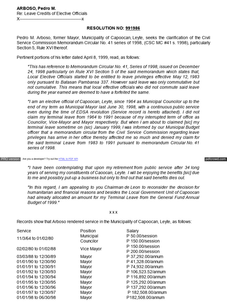 Arboso's Leave Credits Inquiry | PDF | Per Diem | Government