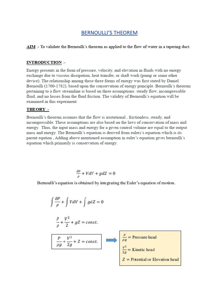 Bernoulli Report | PDF | Fluid Dynamics | Physics Bernoulli Report | PDF | Fluid Dynamics | Physics