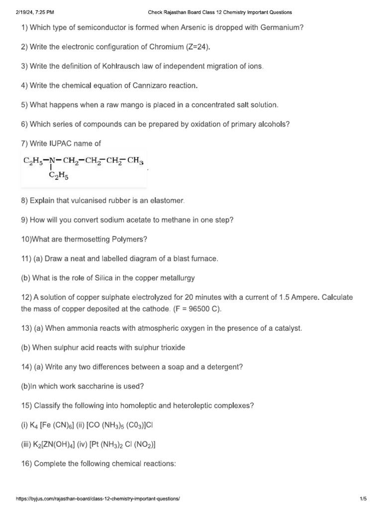 Chemistry Important Questions For Boards | PDF