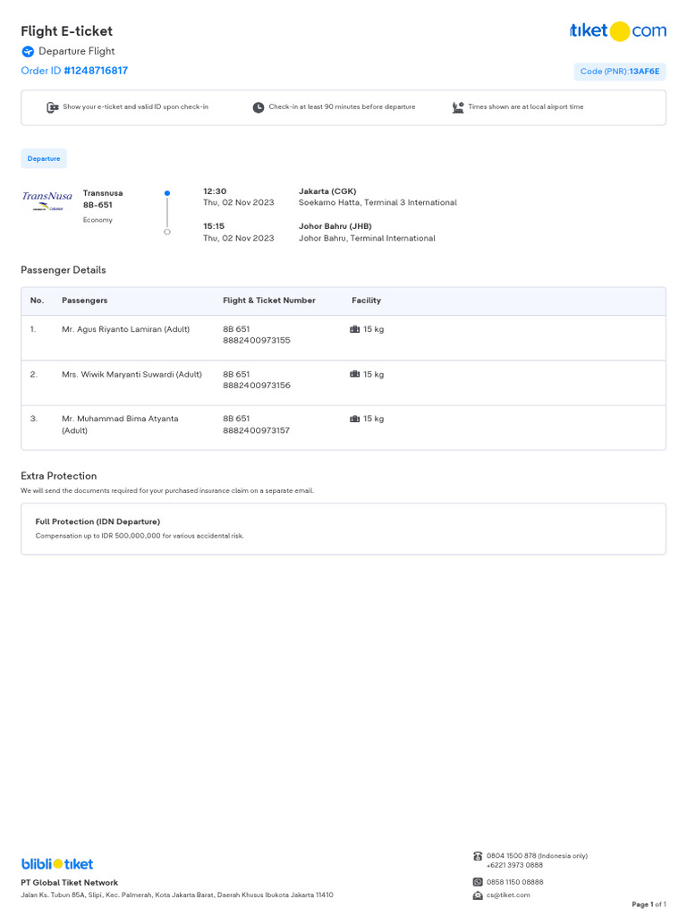 Flight E-Ticket - Order ID - 1248716817 - 13AF6E | PDF | Aviation ...