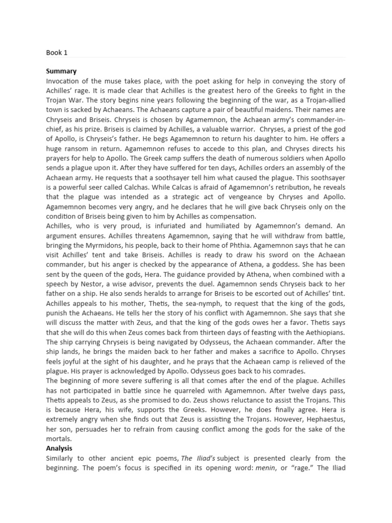 Book 1, Summary and Analysis | PDF | Achilles | Iliad