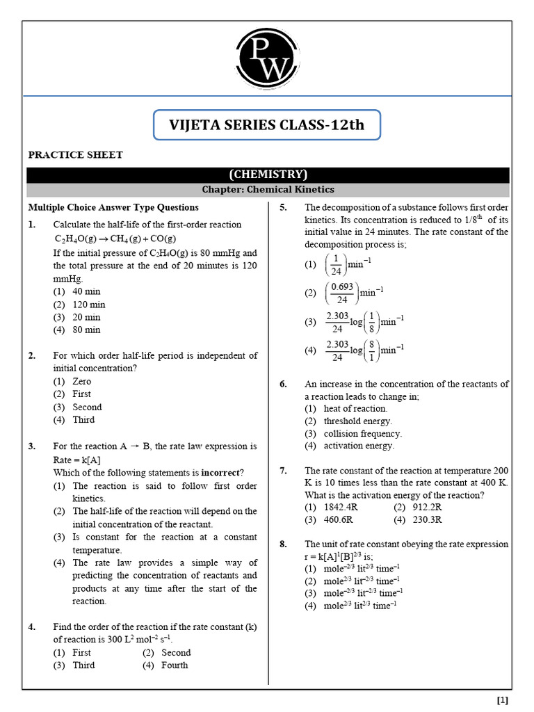 Chemistry Kinetics Practice Sheet | PDF | Reaction Rate | Chemical Kinetics
