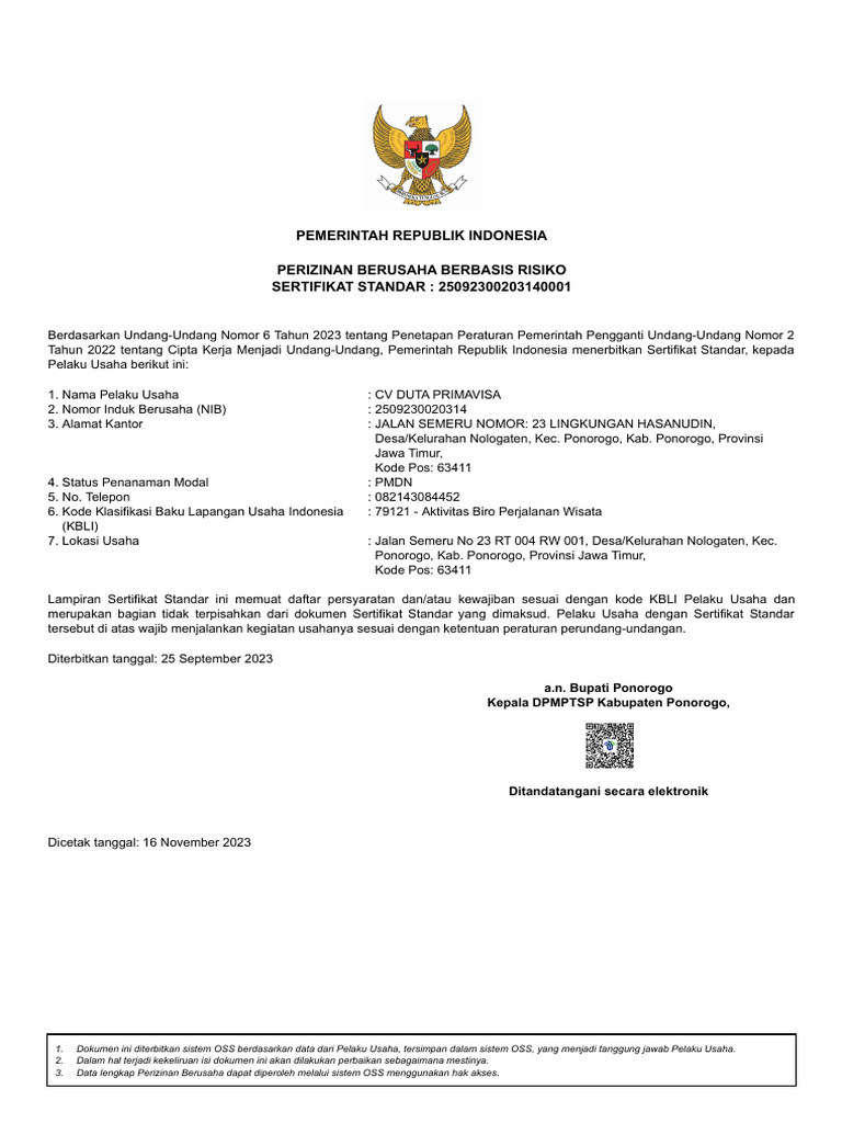 Sertifikat Standart Duta Primavia | PDF