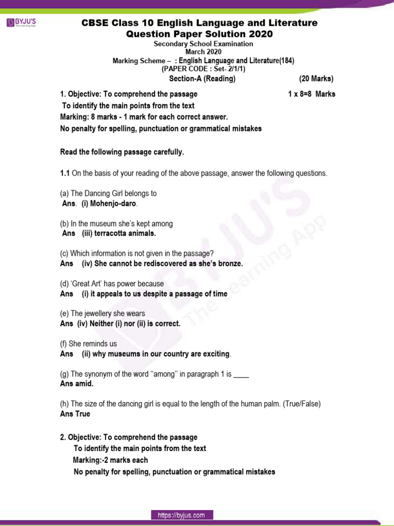 Class 10 English Question Paper 2020 | PDF