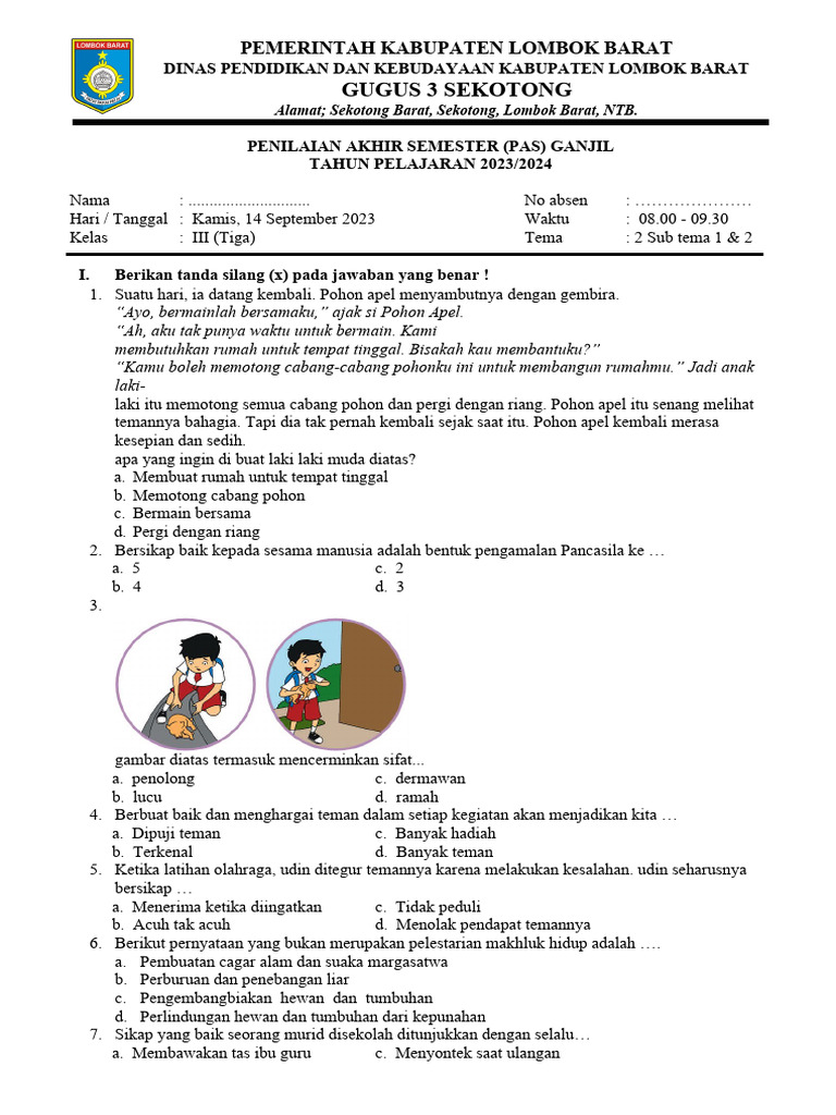 SOAL PTS KELAS 3 TEMA 2 Sub Tema 1-2 | PDF