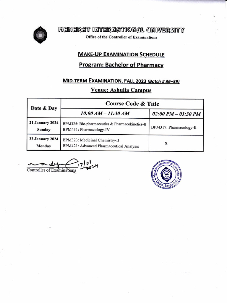 Make Up Exam Schedule Fall23 BPM 0001 | PDF