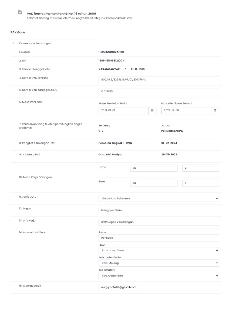 PAK Format PermenPanRB No. 16 Tahun 2009 - Angka Kredit Integrasi | PDF