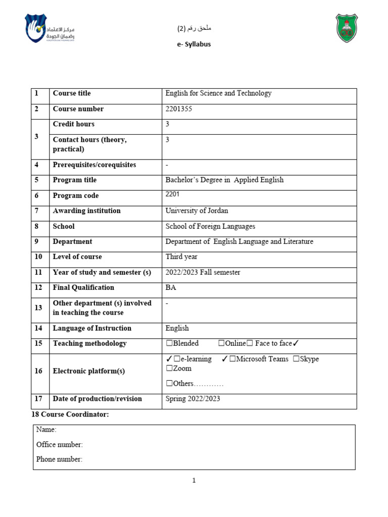 E-Syllabus (English For Science Technology) Fall Semester 2021NEW 1 9 ...
