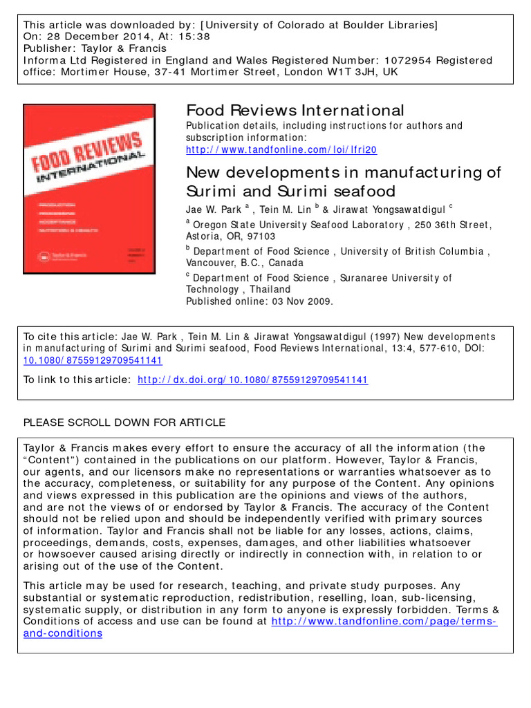 Park. New Developments in Manufacturing of Surimi & Surimi Seafood ...