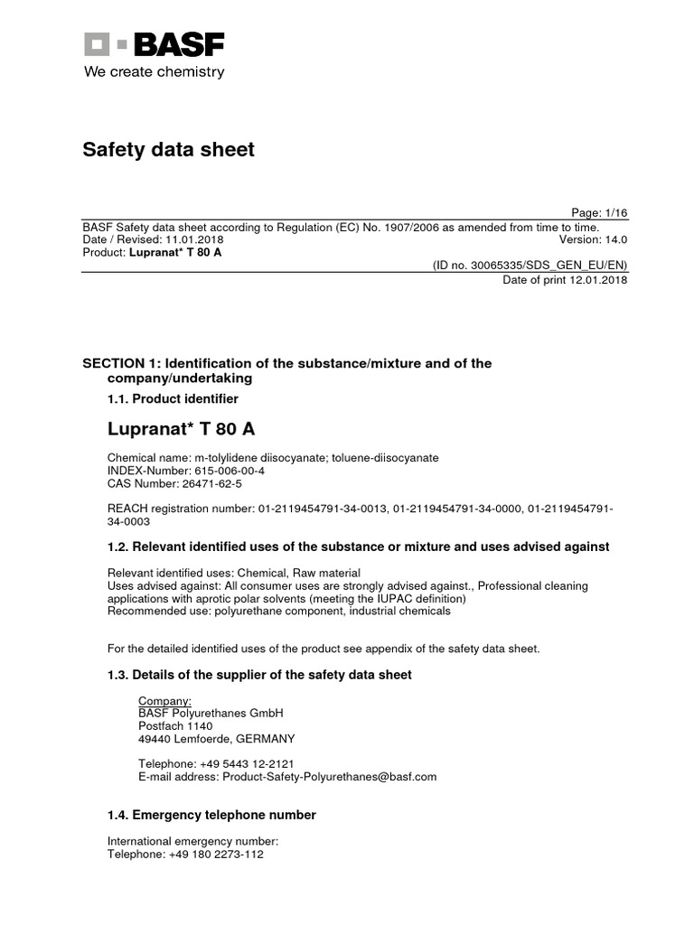 Lupranat® T 80 A MSDS | PDF | Dangerous Goods | Toxicity