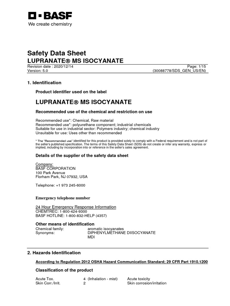 Lupranate MS - MSDS | Download Free PDF | Asthma | Toxicity