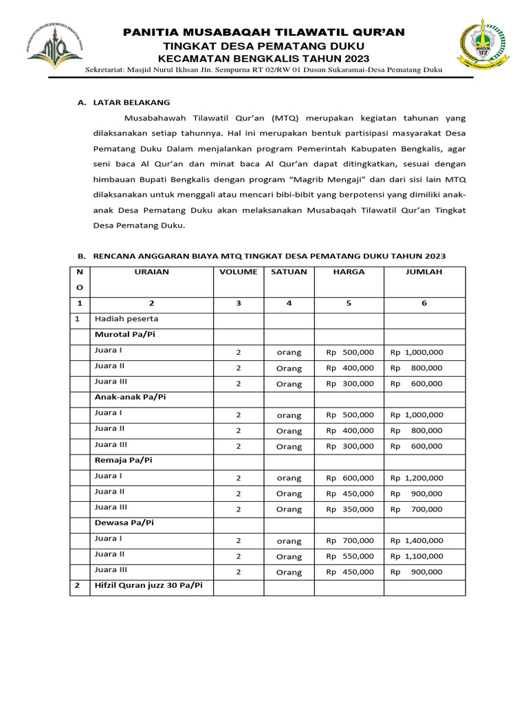 Proposal MTQ - Latar Belakang Dan Anggaran | PDF