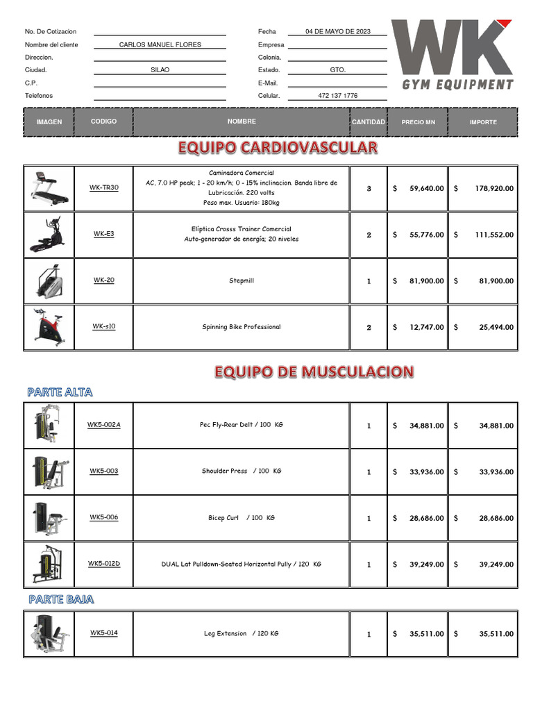 WK - Cotizacion Gym Carlos Flores | PDF | Management Of Obesity | Physical Exercise