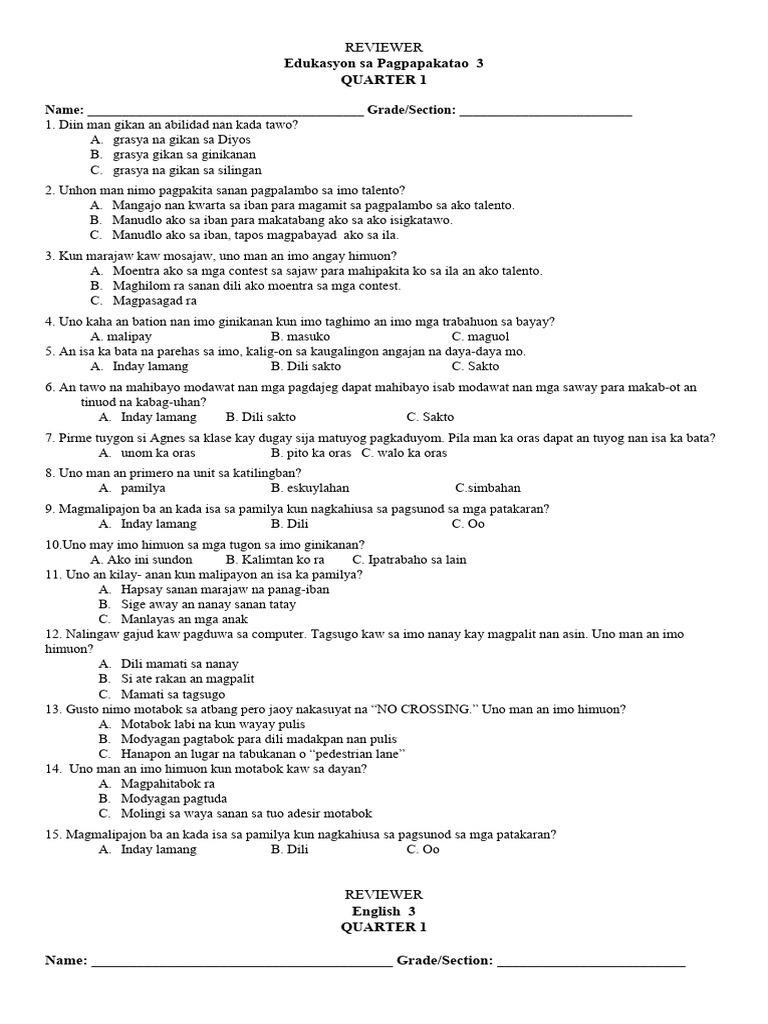 Grade 3 Q1 Reviewer | PDF