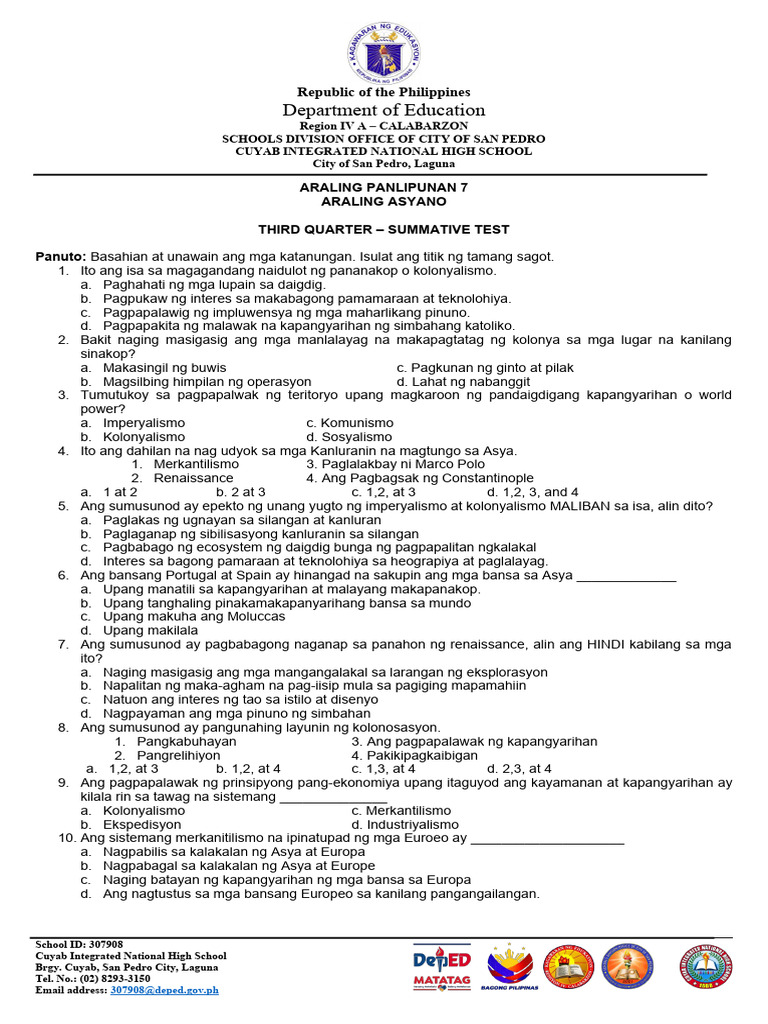Summative and Performance Task AP 7 at 9 | PDF