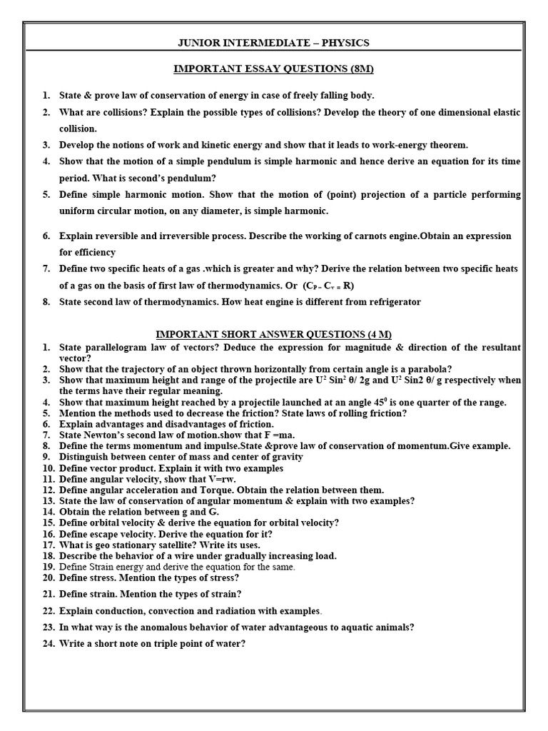 Jr. Inter Physics IMP Questions | PDF | Inductance | Gases