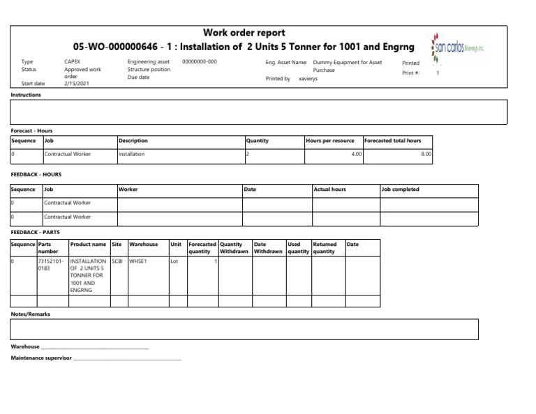 05-WO-000000646 - 1: Installation of 2 Units 5 Tonner For 1001 and ...