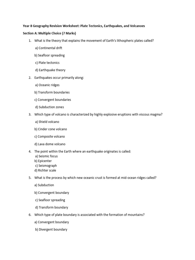 Year 8 Geography Revision Worksheet | Download Free PDF | Volcano ...