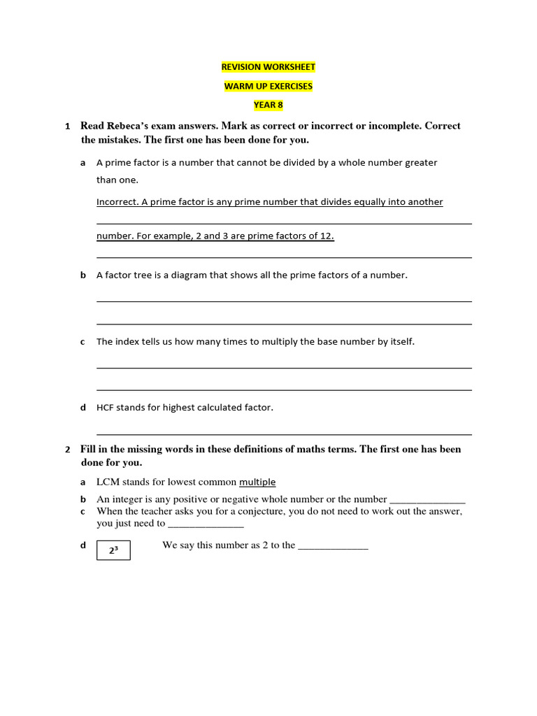 REVISION WORKSHEET Year 8 | PDF | Prime Number | Elementary Mathematics