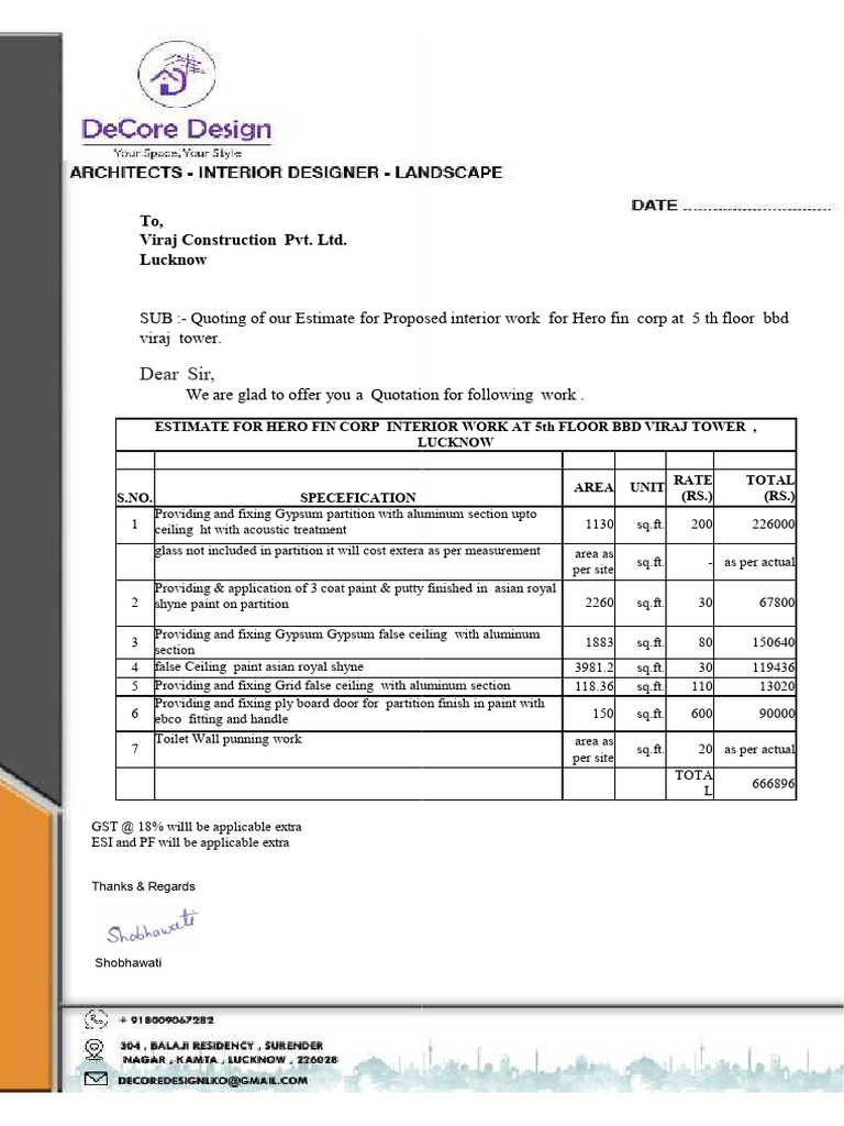 Quotation for Interior Work at BBD Viraj Tower | PDF | Building Engineering