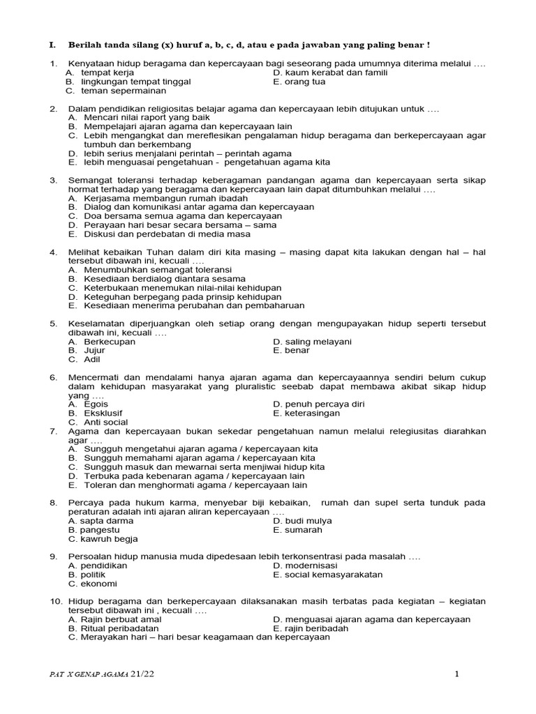 2022 Pas Genap P.agama X | PDF