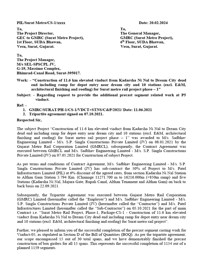SMR Draft Letter Request To Provide The Additional Precast Segment ...