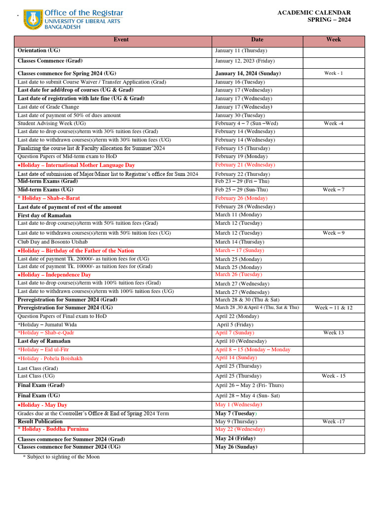 Academic Calendar Spring 2024 | PDF | Academic Term