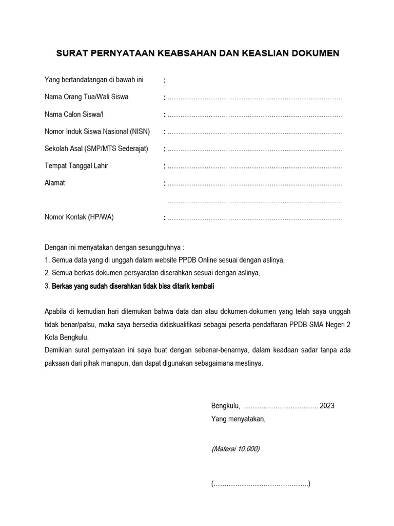 Surat Pernyataan Keabsahan PPDB | PDF