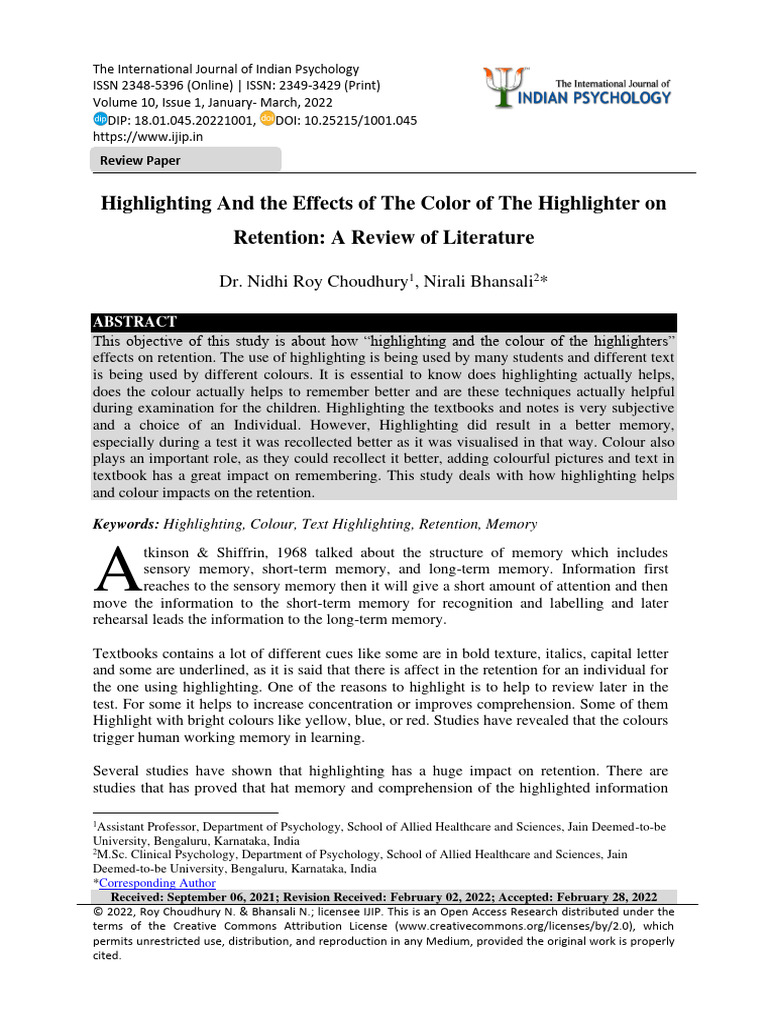 Highlighting and The Effects of The Color of The Highlighter On ...