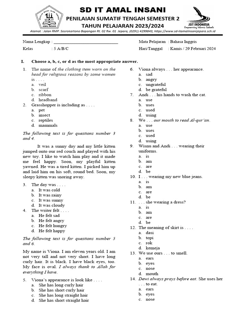 PSTS 2 23 - 24 B. Inggris Kelas 5 | Download Free PDF | Human Body | Softlines (Retail)