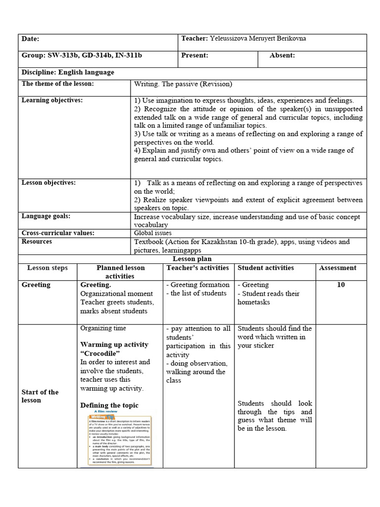 Teacher: Yeleussizova Meruyert Berikovna: Lesson Steps | PDF ...