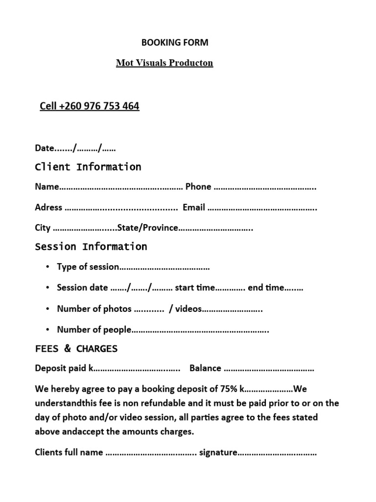 Mot Visuals Booking Form Template | PDF | Career & Growth
