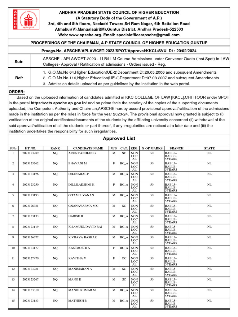 APSCHE APLAWCET-2023 SPOT Approval KKCL SVU | PDF