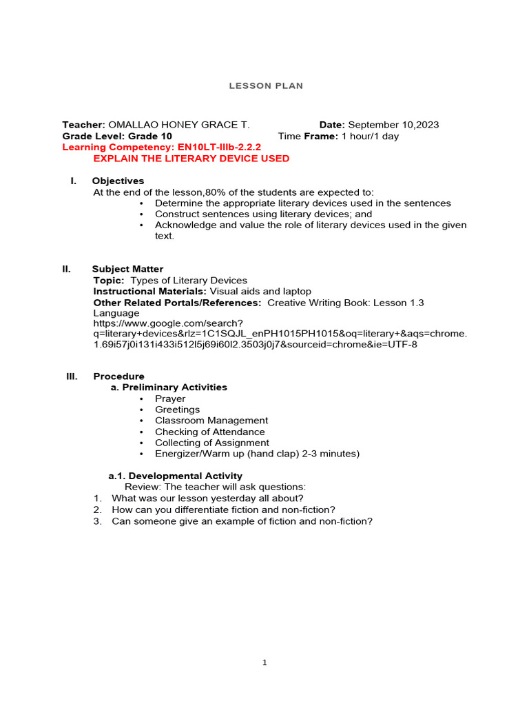 Lesson Plan (Demo) | PDF | Lesson Plan | Metaphor