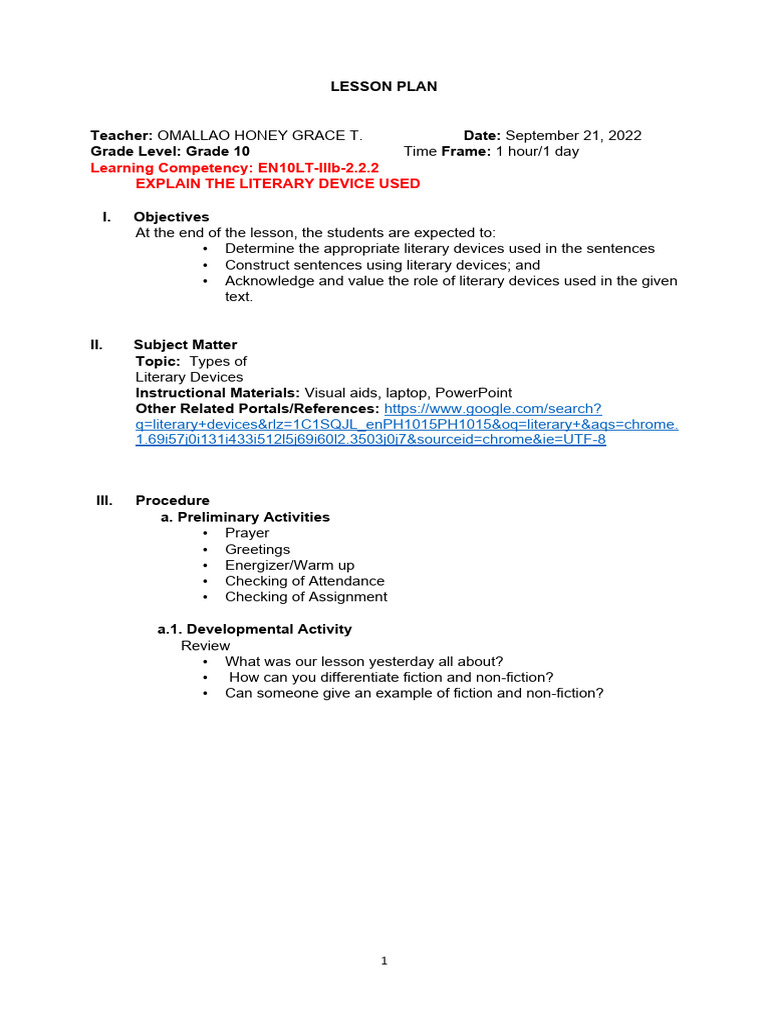 FINAL-Lesson-Plan-Literary Devices - Thank You Lord | Download Free PDF ...