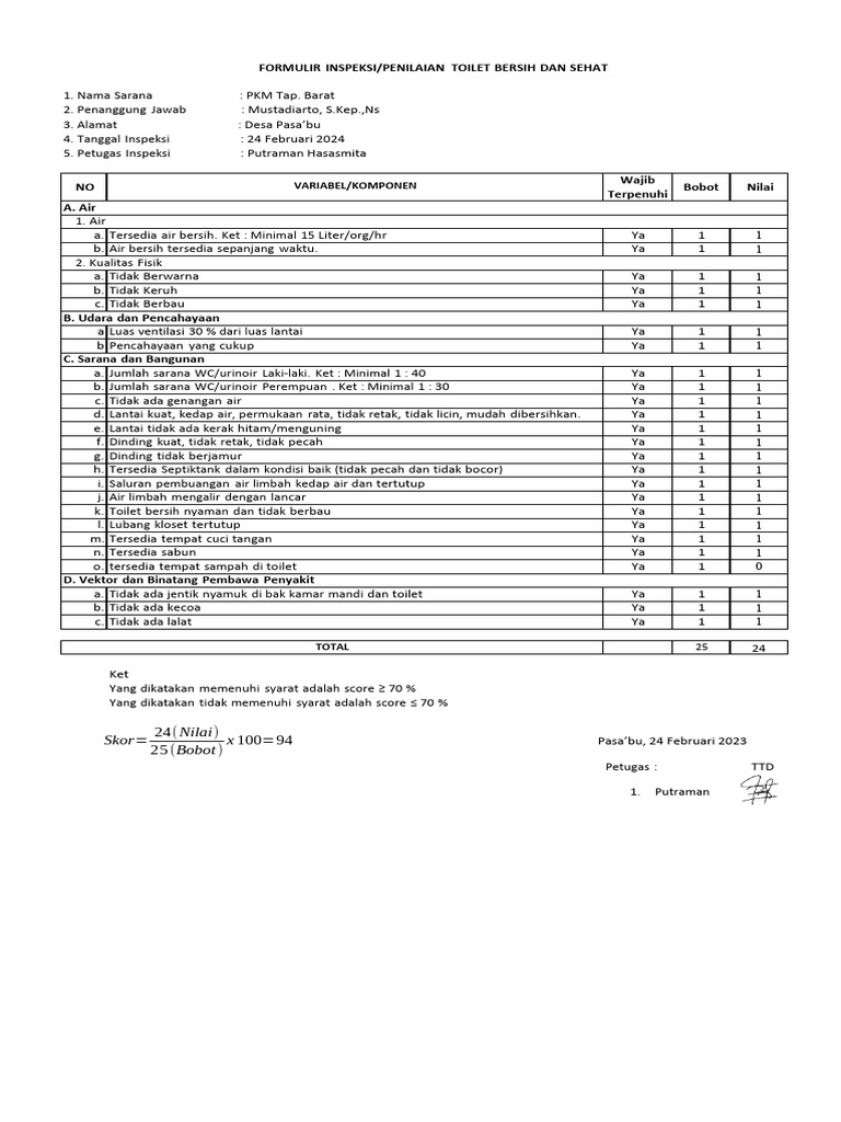 Form Penilaian Toilet Bersih Dan Sehat | PDF