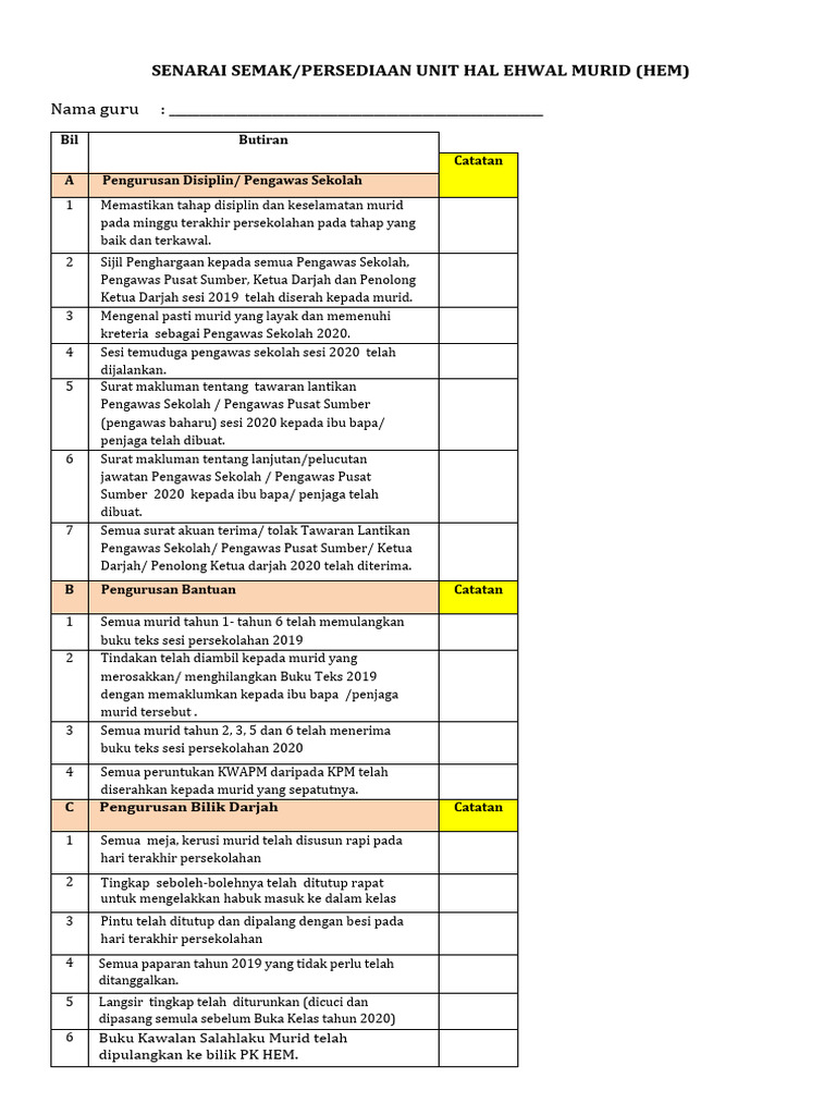 Senarai Semak Unit HEM 2019 | PDF