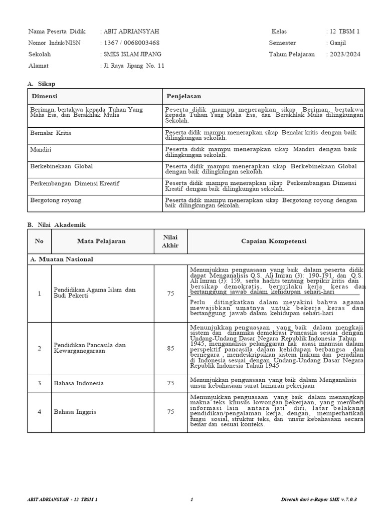 Rapor Abit Adriansyah - 12 TBSM 1 | PDF