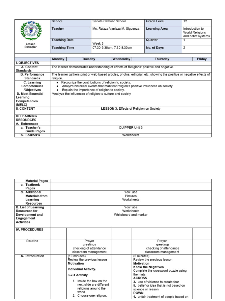 Effects of Religion on Society Lesson Plan | PDF | Learning | Classroom ...