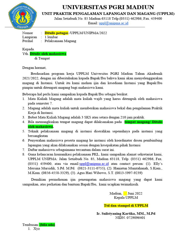 Template Surat Pengantar Magang | PDF