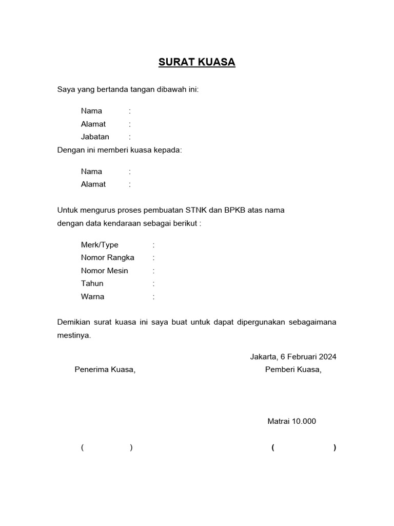 Form Surat Kuasa STNK Lengkap | PDF