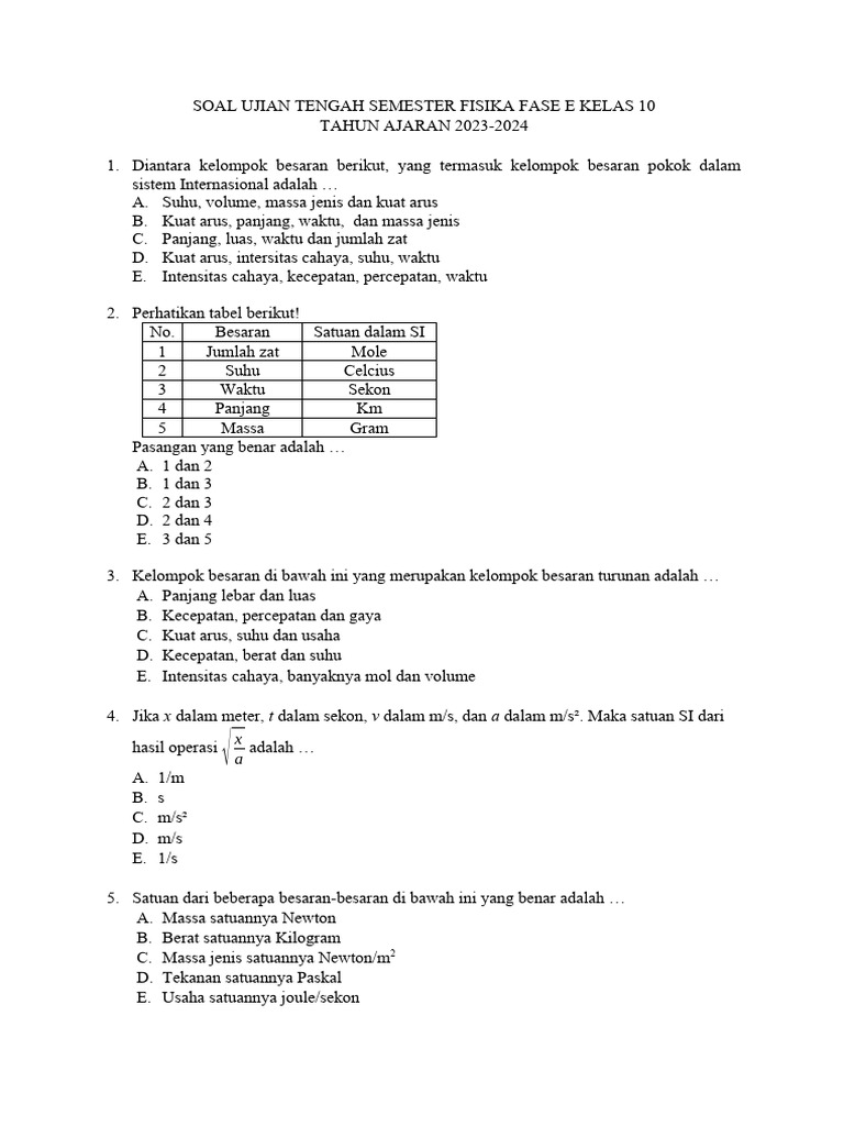 Soal PTS SMT Ganjil Fisika Ta 2023-2024 | PDF